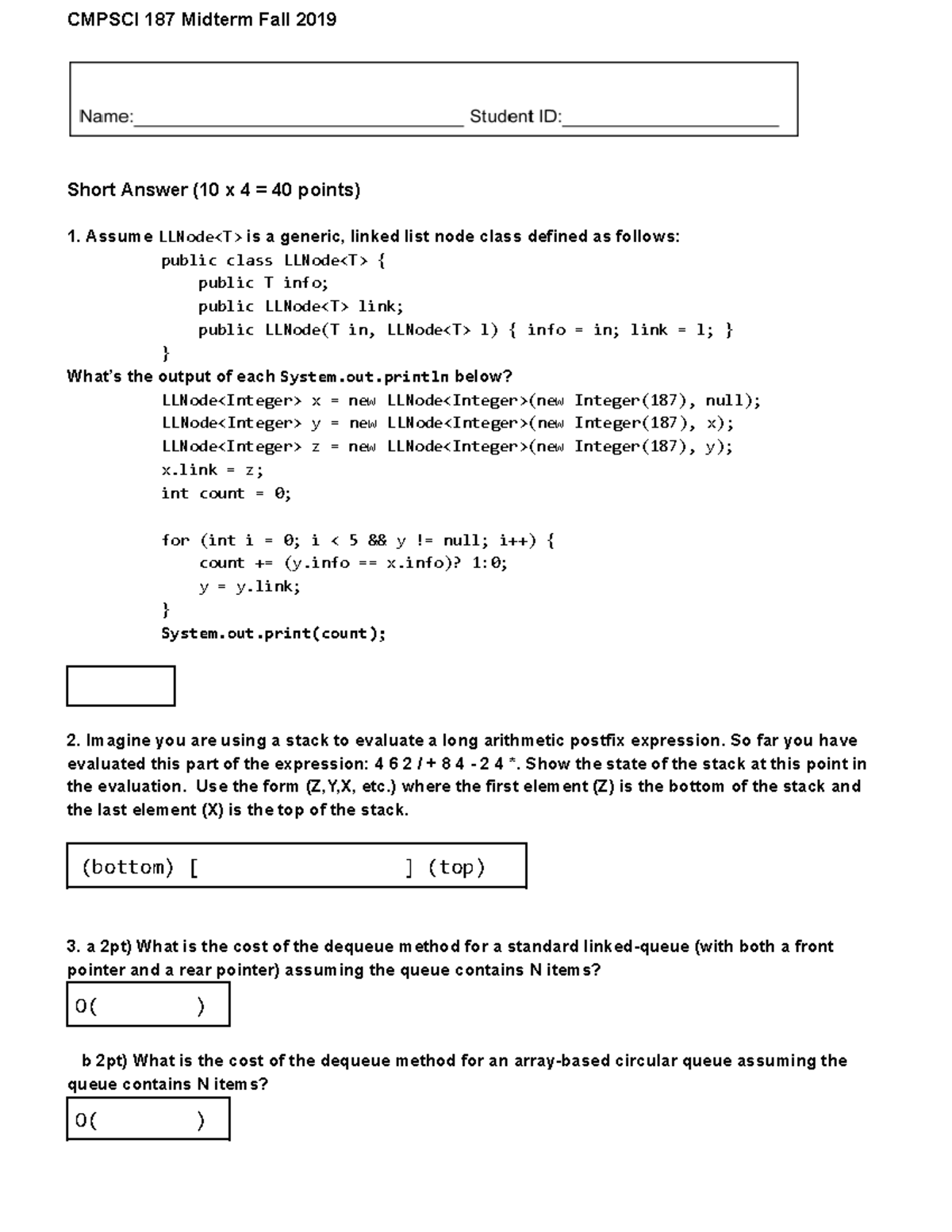 CMPSCI 187 Midterm Practice Exam Fall 2019 - Short Answer Questions ...