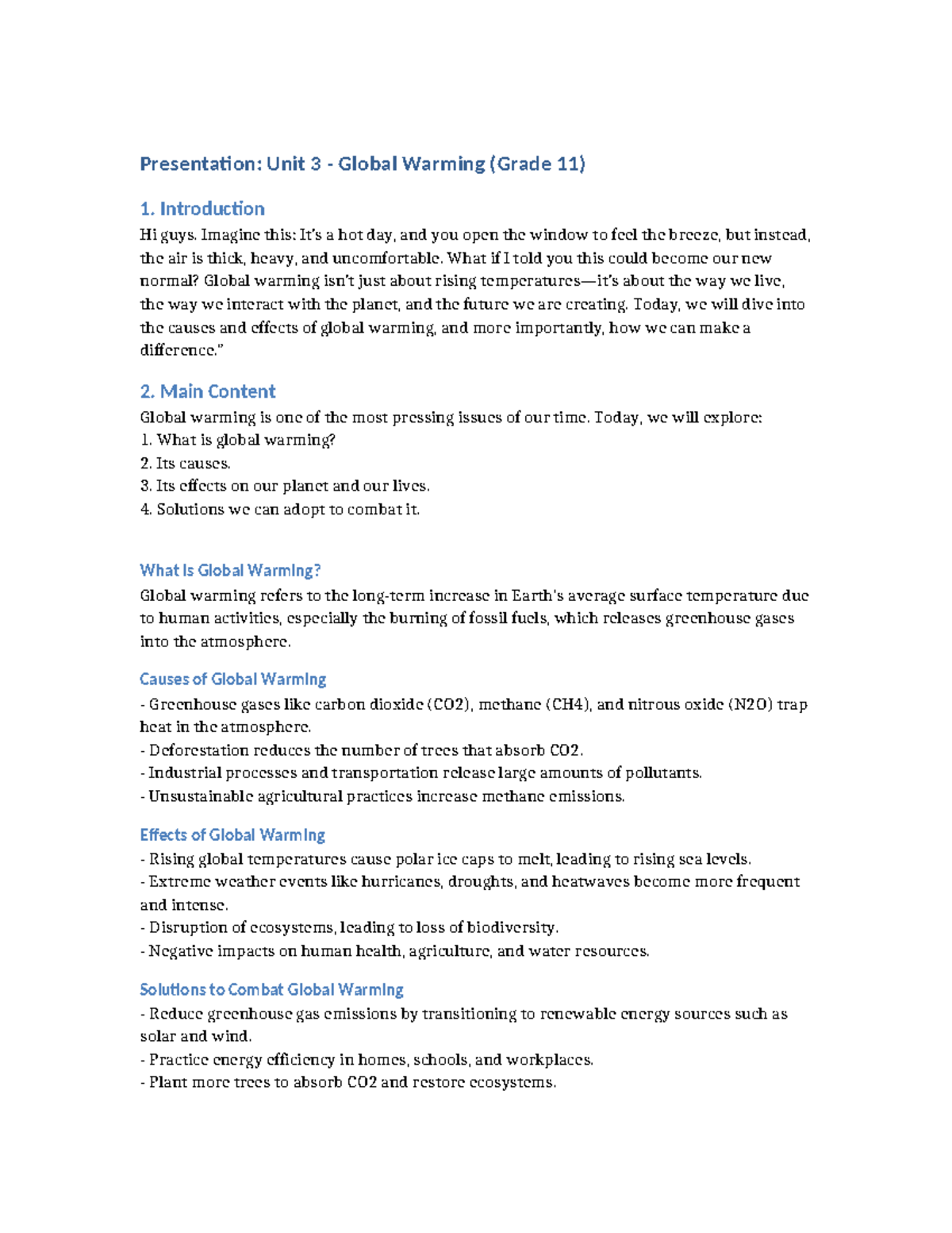 Grade 11 Unit 3: Global Warming Presentation Overview and Solutions ...