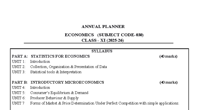 Economics Class XI Annual Planner: Statistics & Microeconomics Units ...
