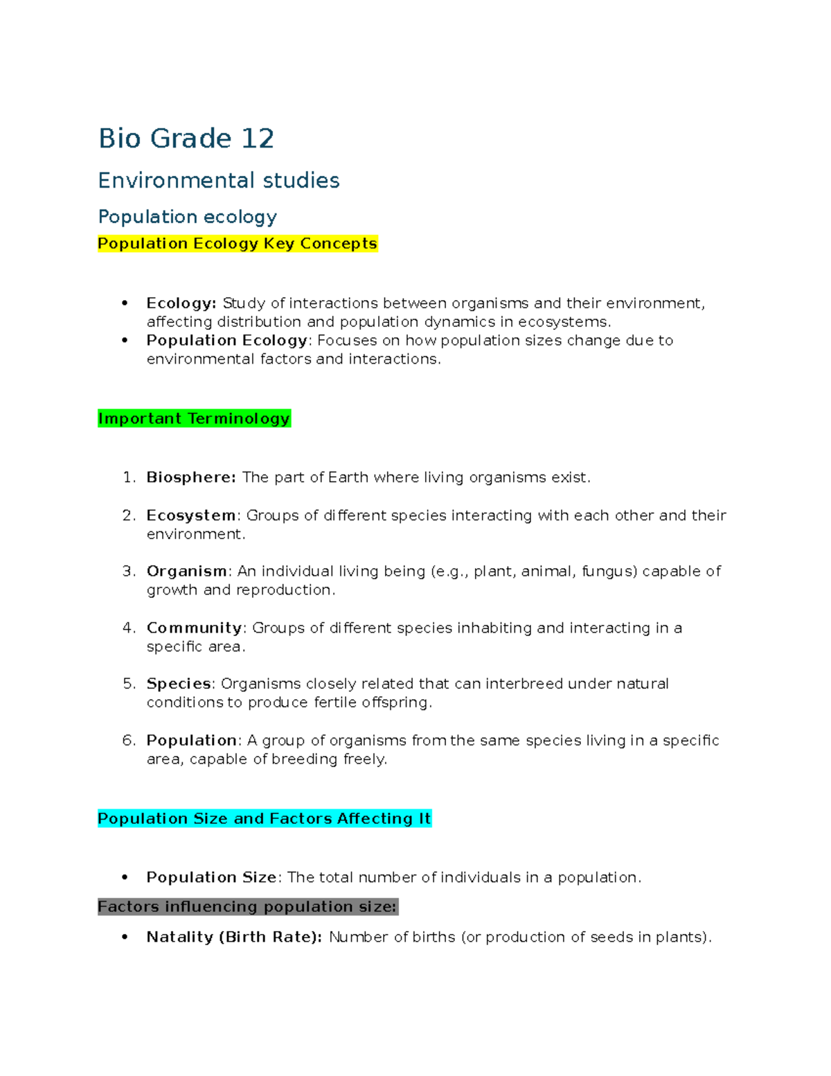 Bio 12: Key Concepts in Population Ecology and Ecosystem Dynamics - Studocu