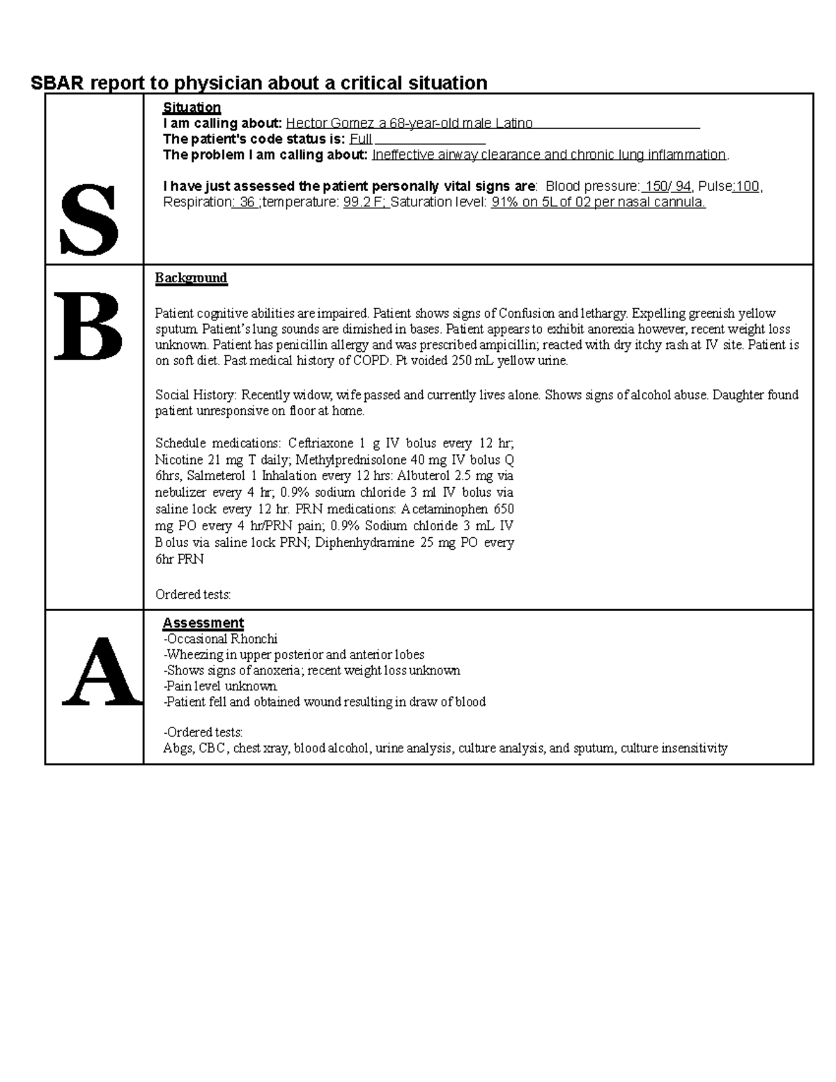 SBAR COPD for clinical - SBAR report to physician about a critical ...