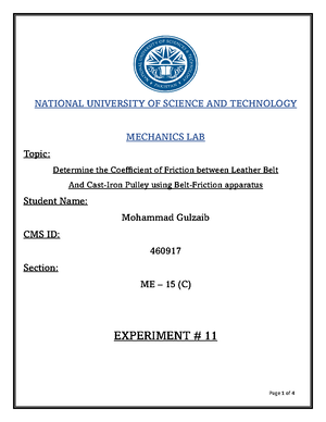 Clutch Plate Apparatus - ME-115 ENGINEERING MECHANICS LAB (LAB REPORT#11) NAME: SAMEEN WASEEM ...