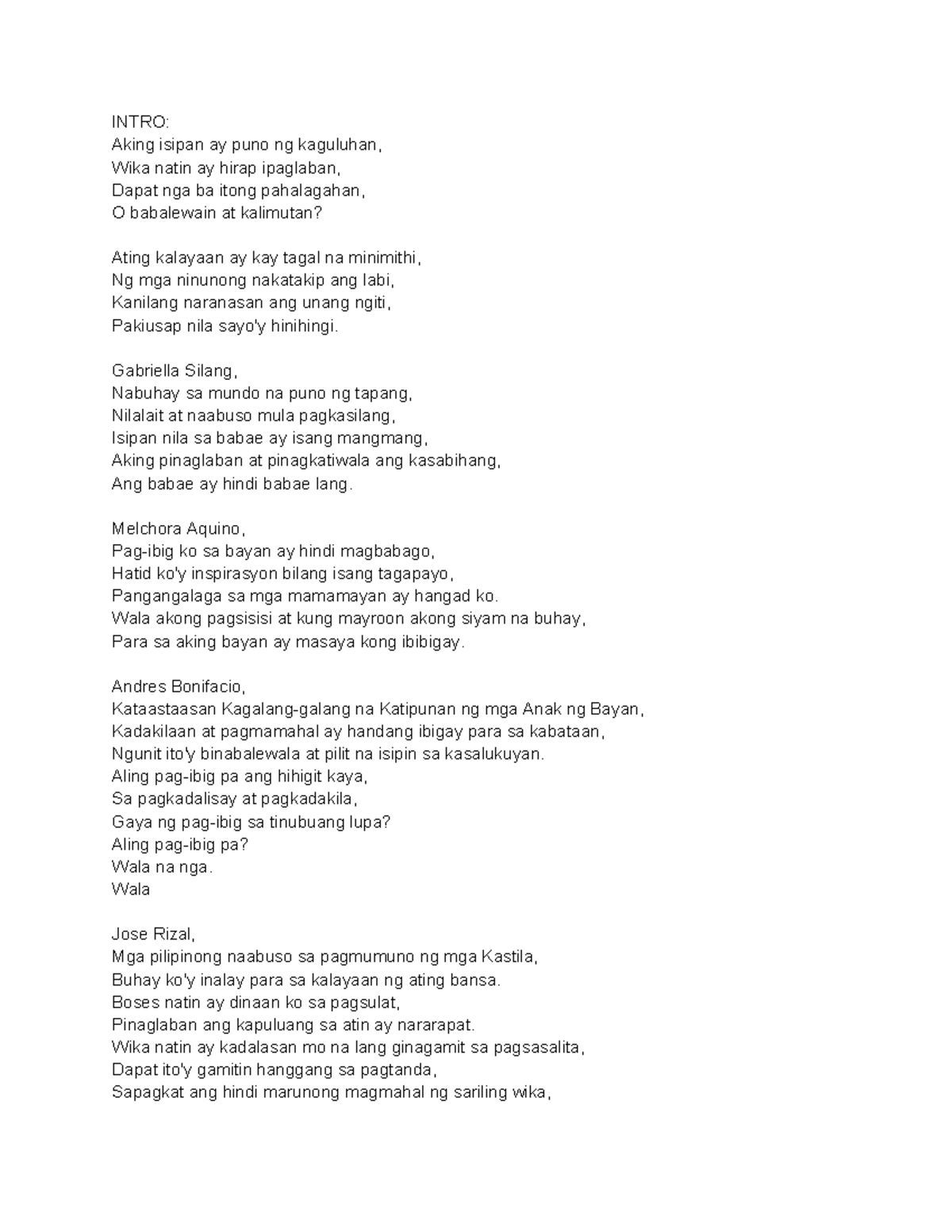 TULA-DULA: Script ng Mga Bayani at Kanilang mga Sakripisyo - Studocu