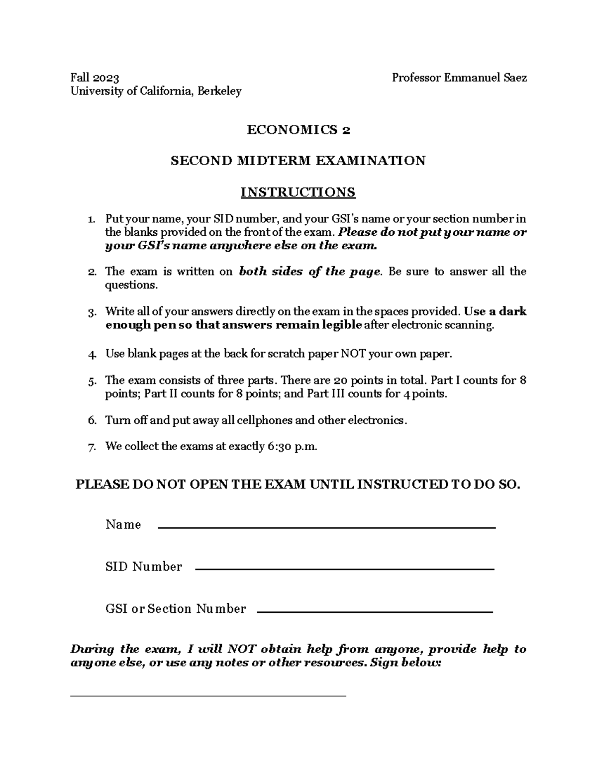 Midterm Exam Instructions for ECON 2 - Fall 2023 - Studocu