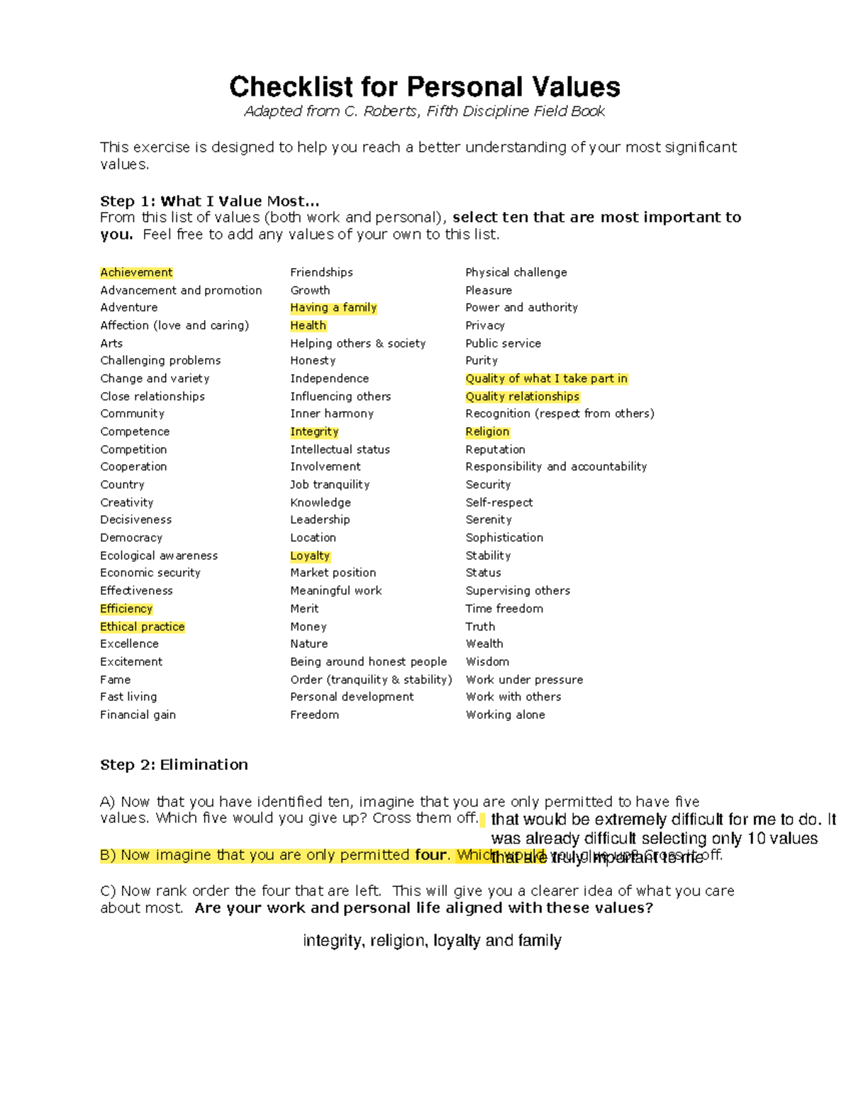 Personal Values Checklist for Self-Reflection and Alignment - Studocu