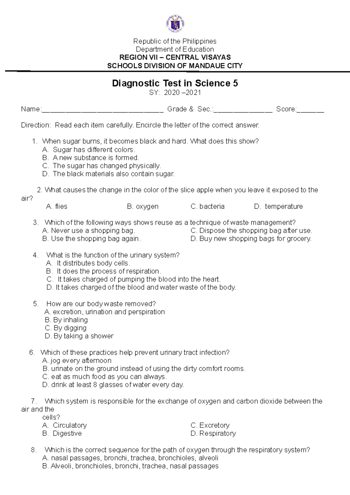 Grade 5 Diagnostic Test 1: Science Concepts and Questions - Studocu