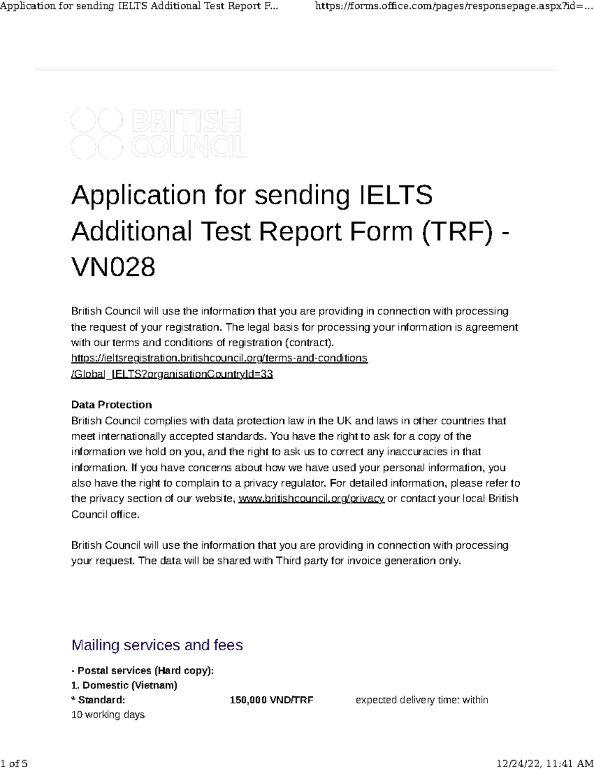 IELTS Additional Test Report Form (TRF) Application - VN028 - Studocu