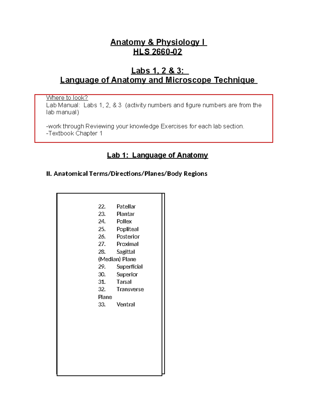 Labs 1 2 3 Anatomy AND Microscope - Anatomy & Physiology I HLS 2660 ...
