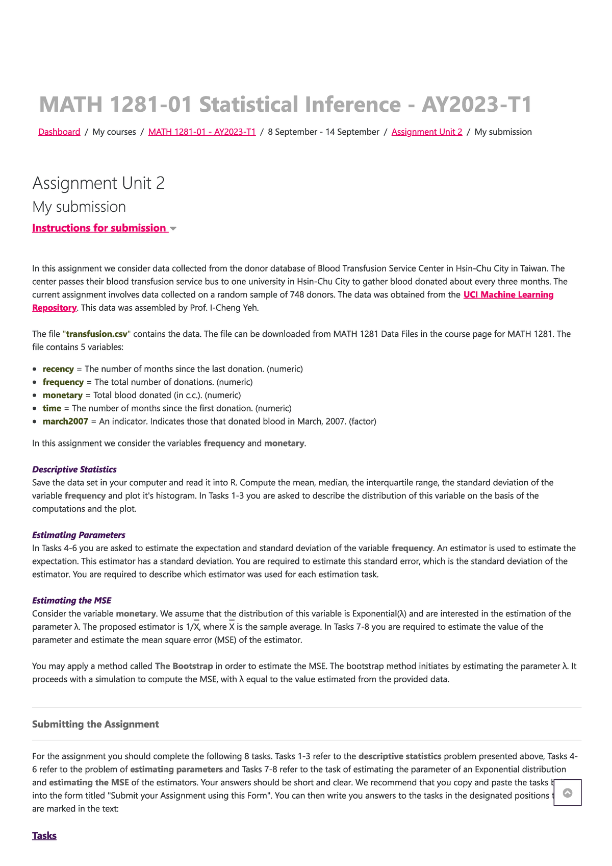 MATH 1281 Statistical Inference Assignment Unit 2 Submission - Studocu