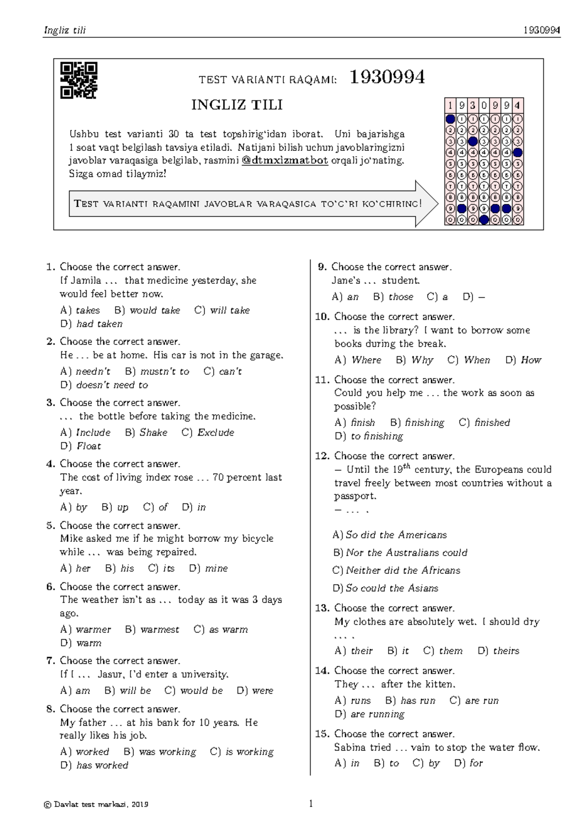 Ingliz Tili 1930994 Test Variant: 30 Questions with Answers - Studocu