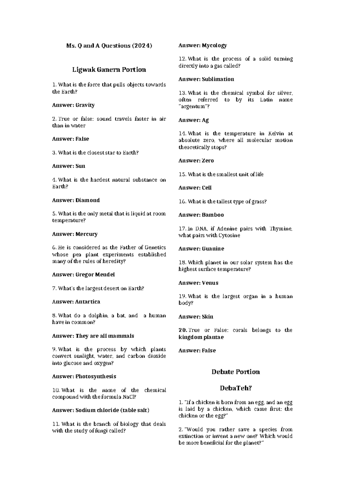 Ms. Q's Q&A Study Guide (2024) - Ligwak Ganern Portion 1 - Studocu