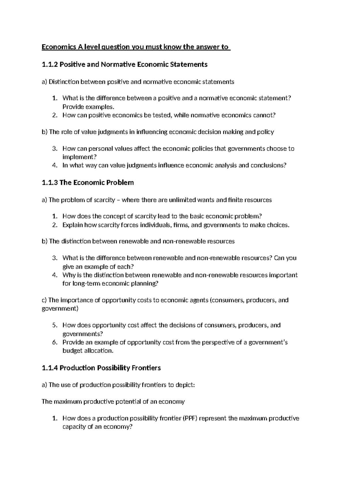 Economics A Level Revision Questions: Key Concepts and Insights - Studocu