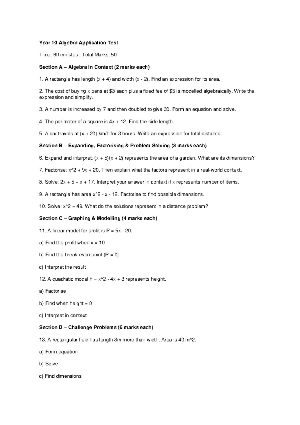 Year 10 Algebra Application Test: Concepts & Problem Solving - Studocu