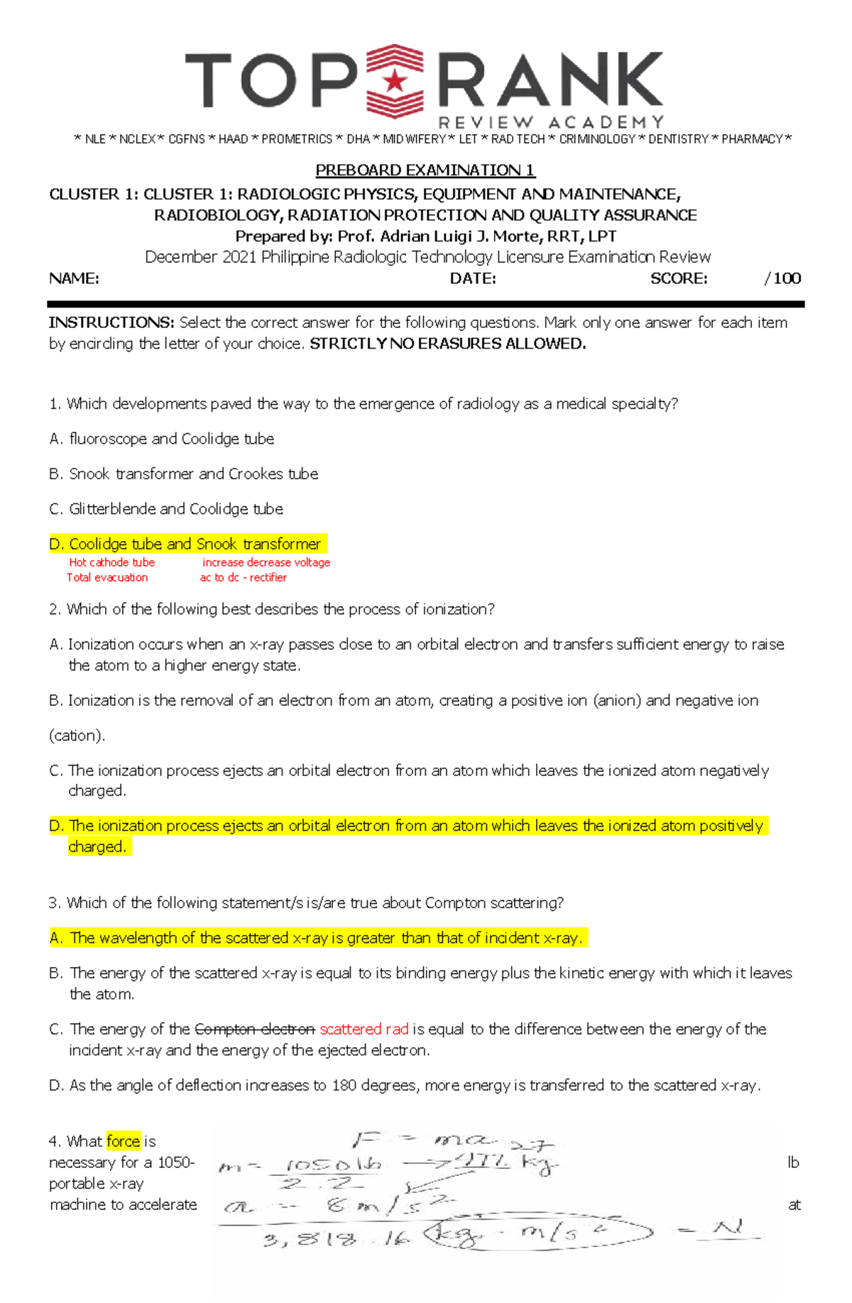 NLE NCLEX Radiologic Physics & Equipment Review - Cluster 1 - Studocu