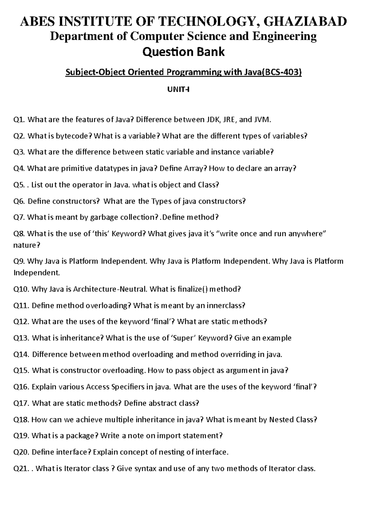 Question Bank for Java Programming (CSE 101) - Key Concepts & Topics - Studocu