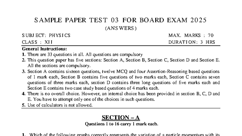 Physics XII Sample Paper Test 03 for Board Exam 2025 (With Answers ...