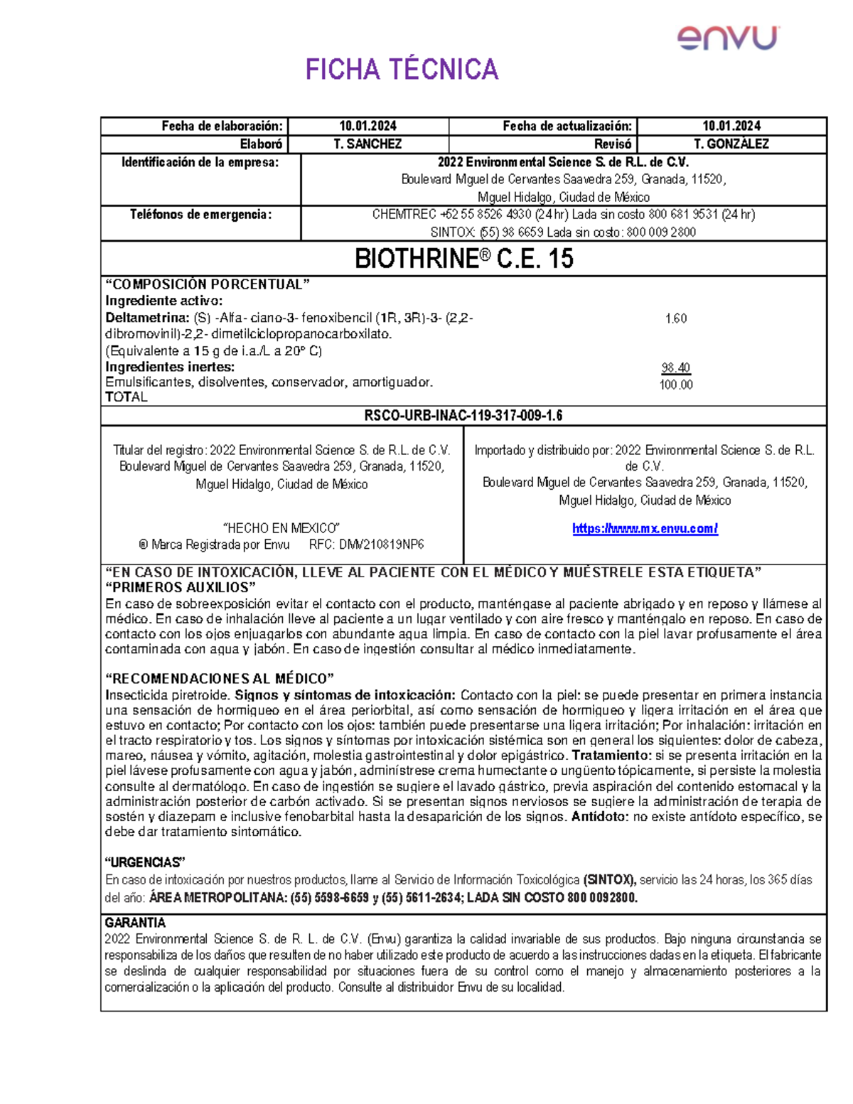 Ficha Técnica Biothrine C.E. 15 PCO 2024 - Insecticida Piretroide - Studocu