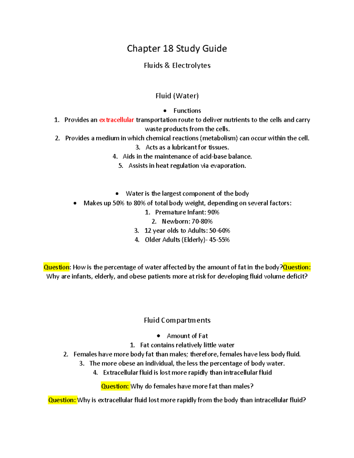 Fluid and Electrolyte Study Guide: Key Concepts and Functions - Studocu