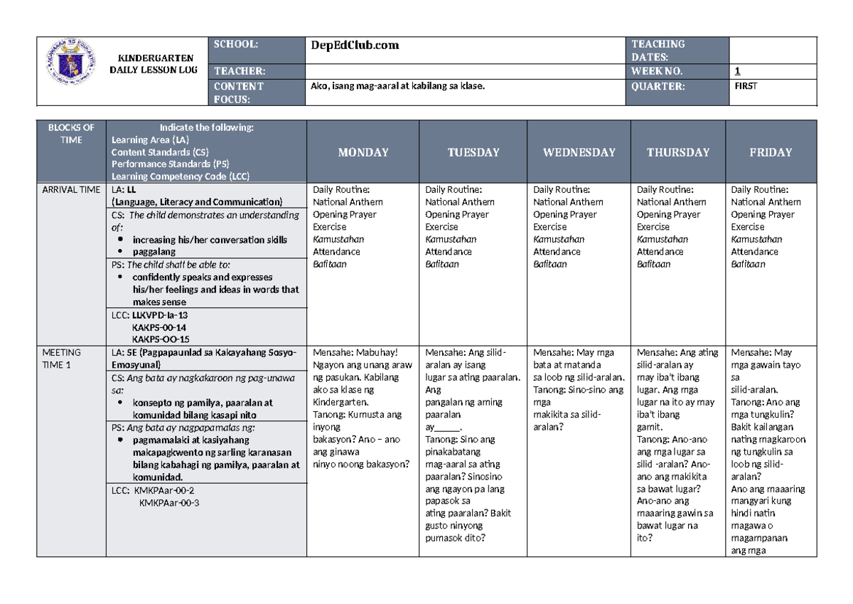 KINDERGARTEN DAILY LESSON LOG (DLL) W1 - Law - Studocu