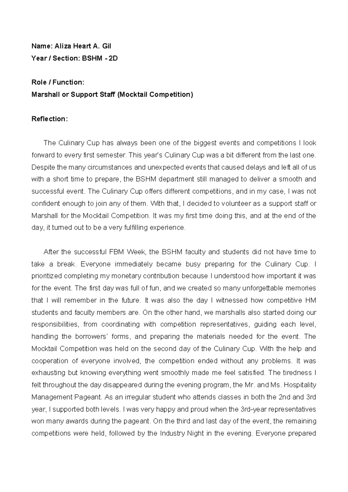 HMPE121 - Reflection on the Culinary Cup Experience - Studocu