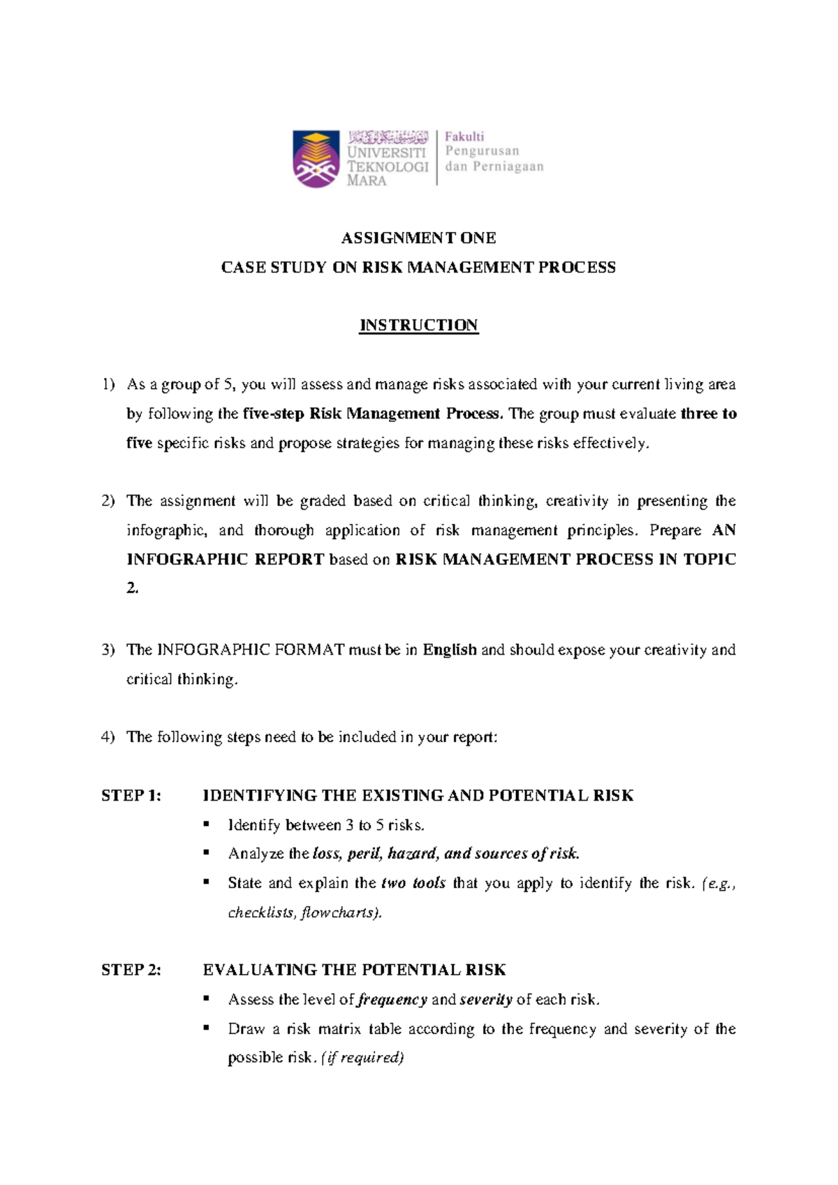 (INS200) Assignment ONE Guidelines - ASSIGNMENT ONE CASE STUDY ON RISK ...