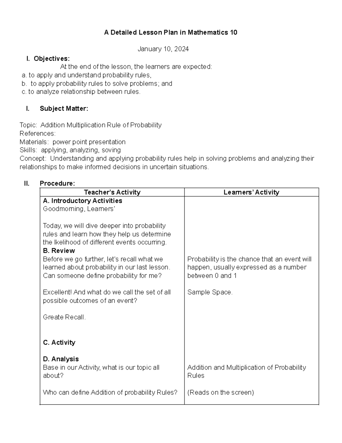 Mathematics 10 Lesson Plan: Understanding Probability Rules - Studocu