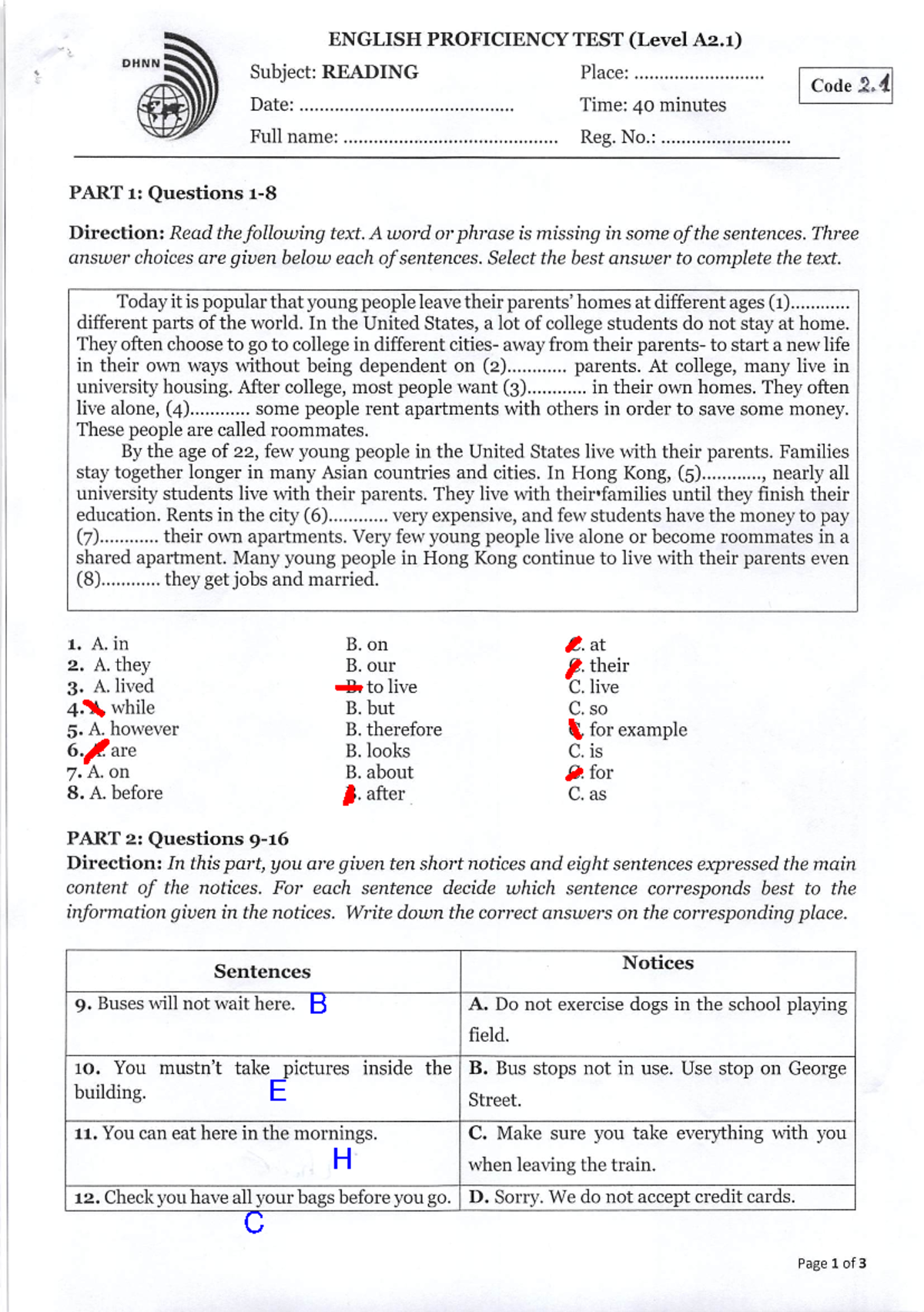 ENGLISH PROFICIENCY TEST (Level A2.1) - READING Practice Document - Studocu