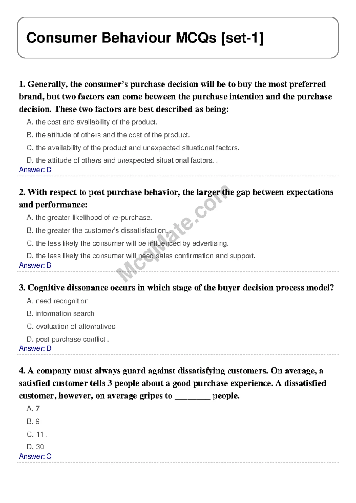 Consumer-behaviour Solved MCQs [set-1] Mcq Mate - Consumer Behaviour ...