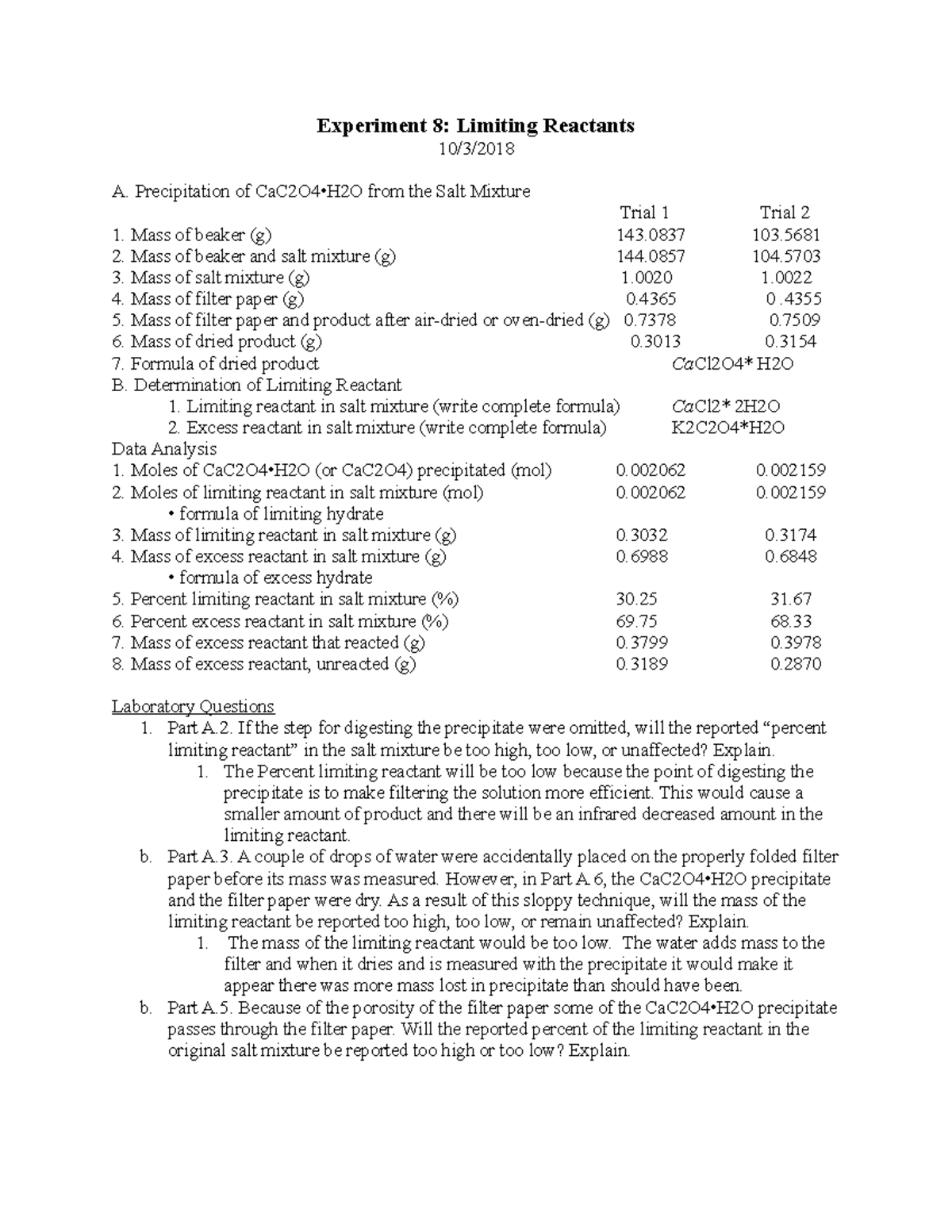 Experiment 8: Limiting Reagents - Experiment 8: Limiting Reactants 10/3 ...