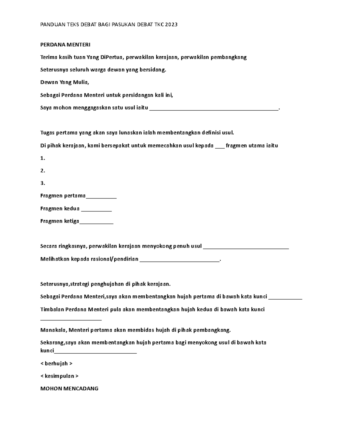 Panduan TEKS Debat - bmhsjsje: Struktur Pembentangan untuk Usul - Studocu