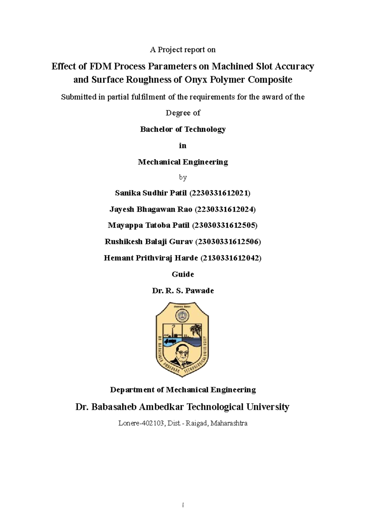 B. Tech Project Report: FDM Process Parameters on Onyx Composite ...