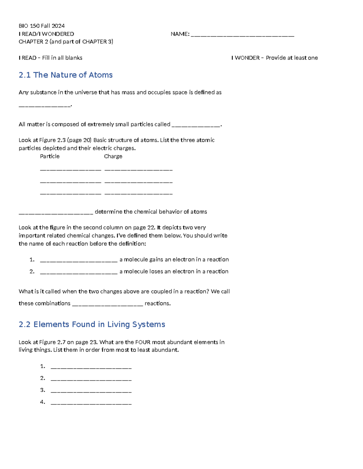 BIO 150 Guided Notes - Chapter 2: The Nature of Atoms and Chemical ...