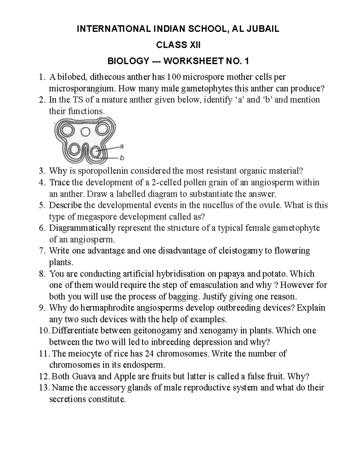 Class XII Biology Worksheet No. 1 - International Indian School, Al ...