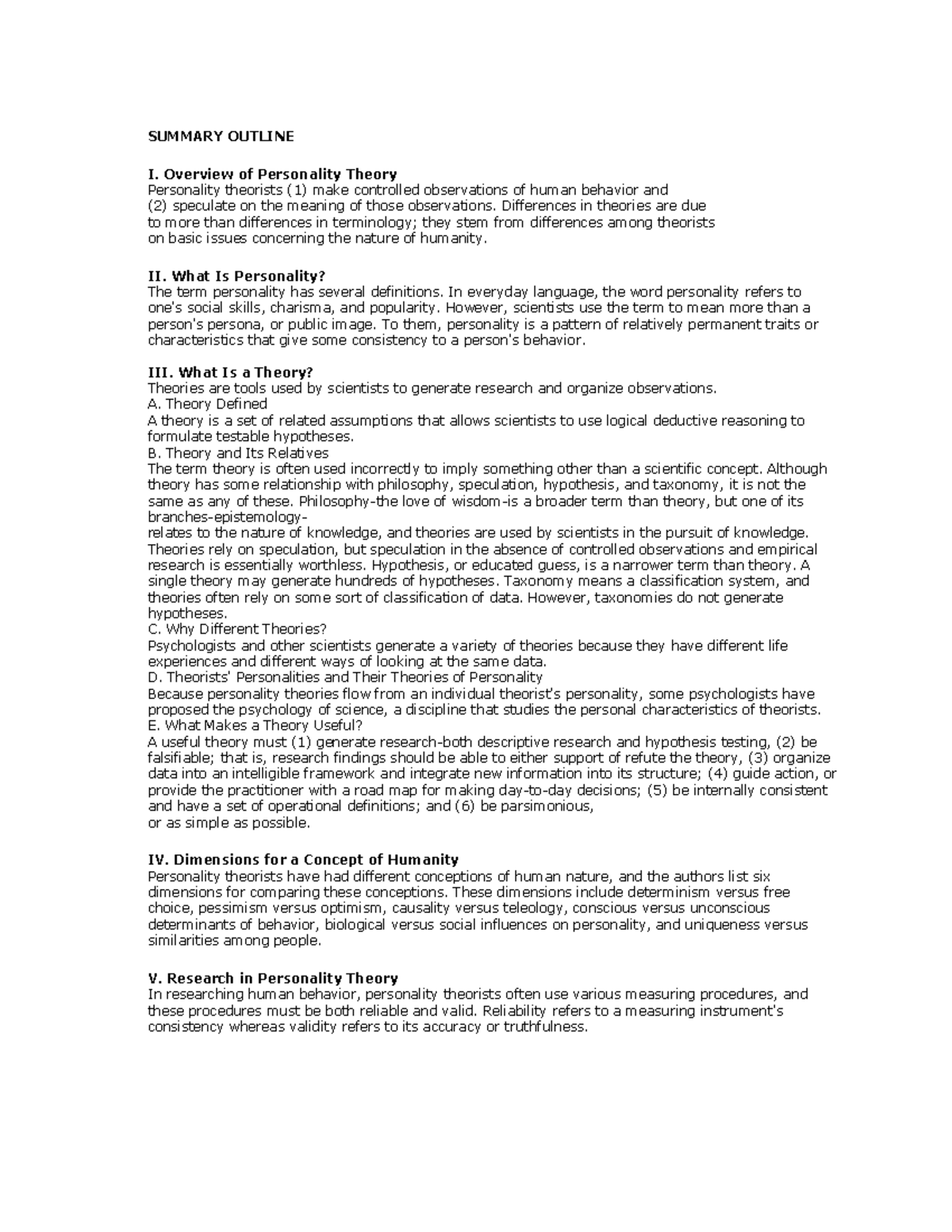 Introduction to Personality Theory Summary Outline - SUMMARY OUTLINE I ...