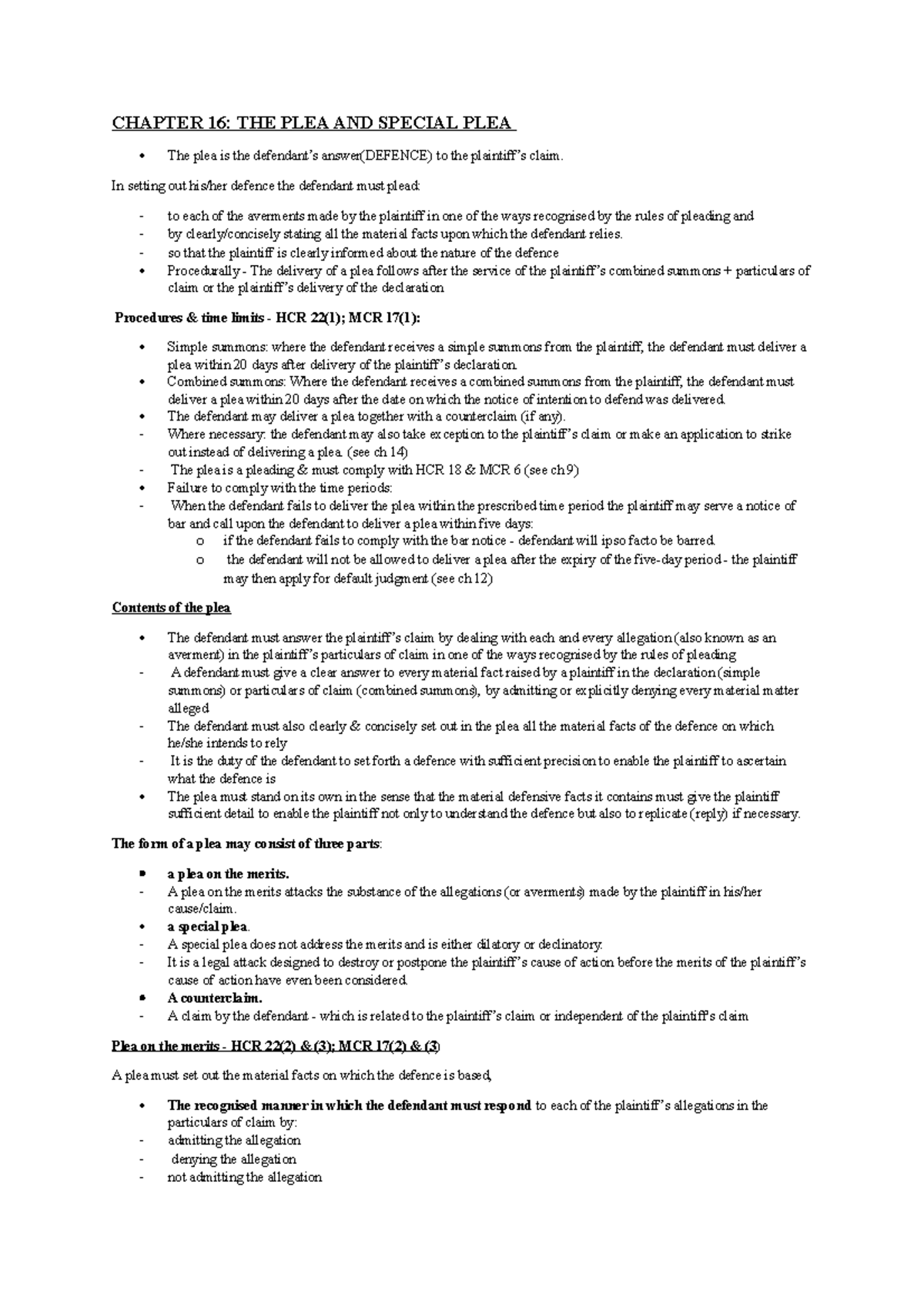 Civil Procedure Final Exam Notes - Chapter 16: The Plea and Special ...