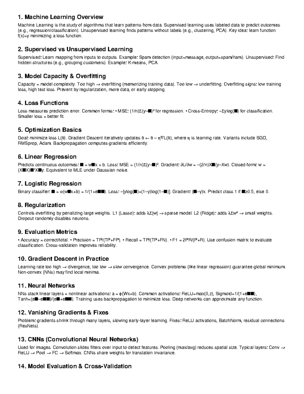 Machine Learning (ML) Exam Cheat Sheet: Key Concepts & Techniques - Studocu