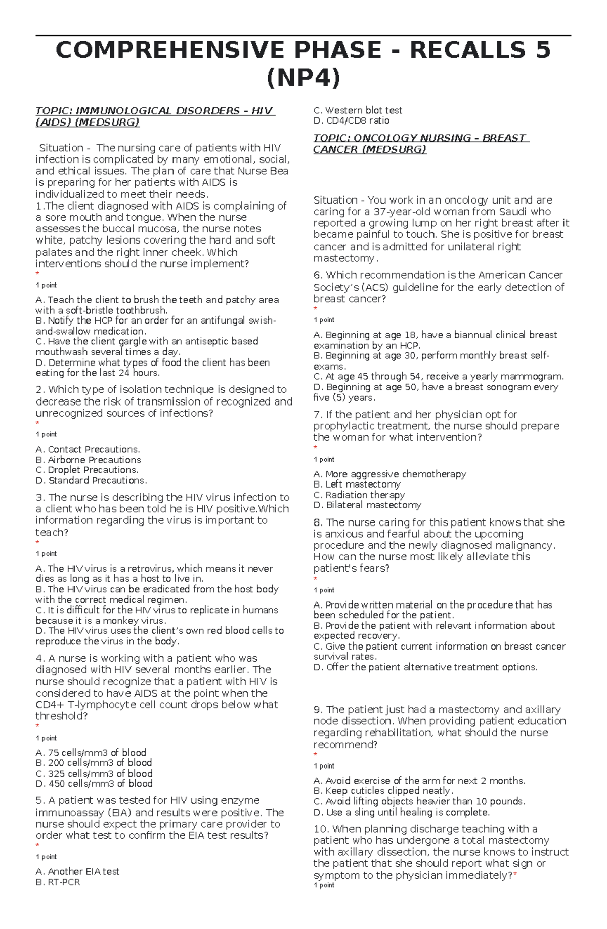 NP4 - Comprehensive Recalls on Immunological Disorders and Oncology Nursing - Studocu