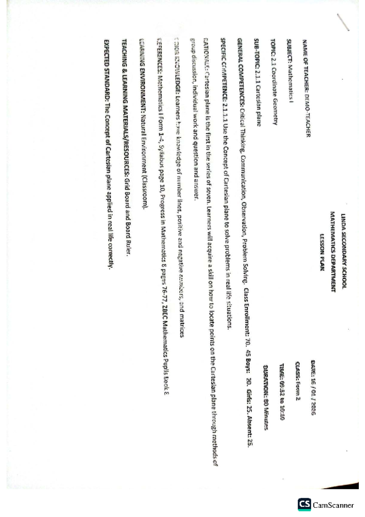 Mathematics I Form 2 CS Lesson Plan: Coordinate Geometry - Studocu