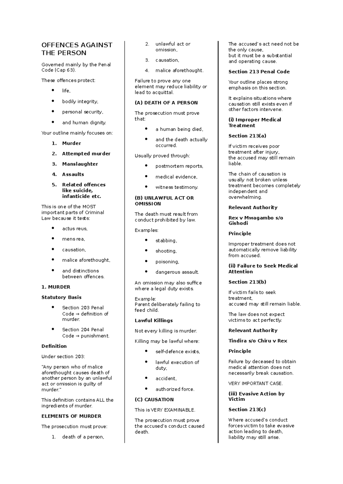 CRIM LAW (Cap 63) Notes: Offences Against the Person & Treason - Studocu