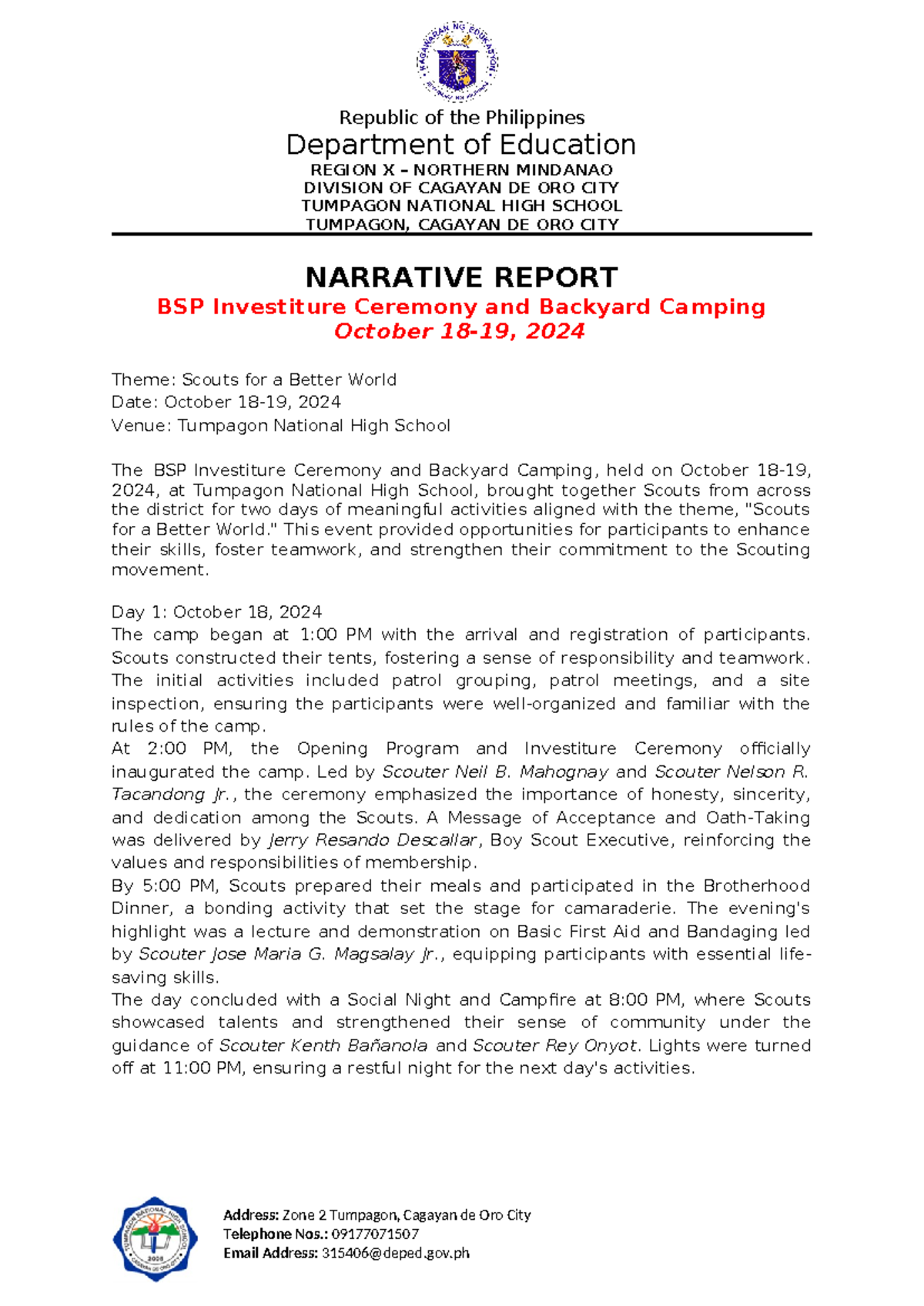 NR BSP 2024 - Narrative Report on Scouts Investiture & Camping Event ...