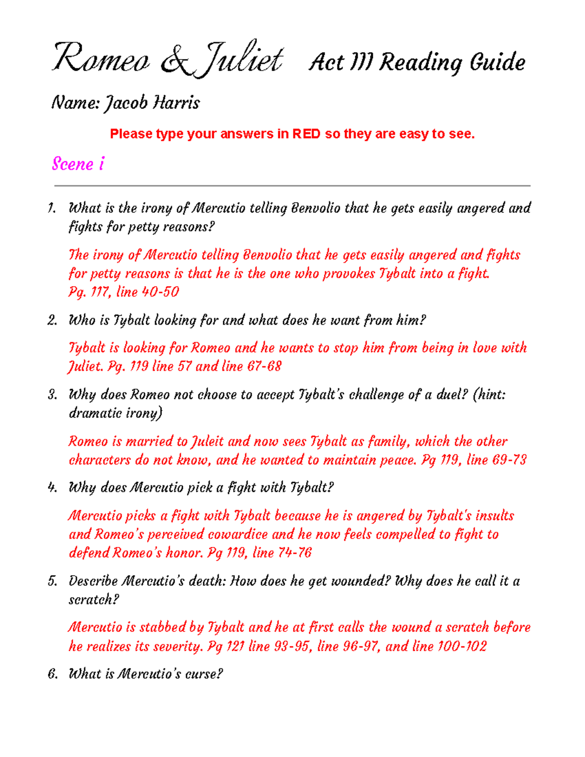 Romeo and Juliet Act III reading guide by Jacob Harris - Studocu