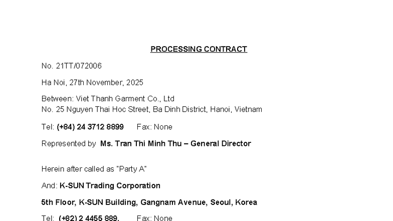 Processing Contract No. 2025: Viet Thanh Garment & Young Shin Trading ...