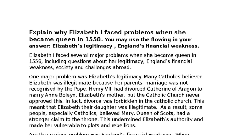 Challenges Faced by Elizabeth I in 1558: Legitimacy & Finances - Studocu