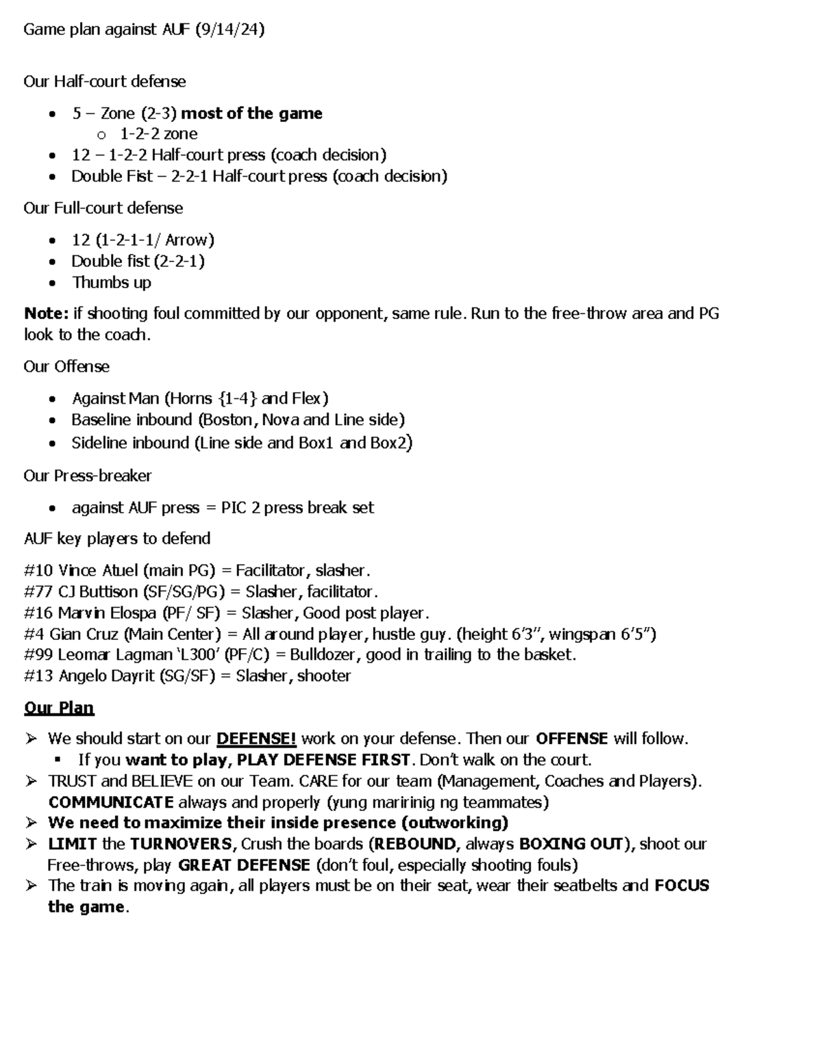 Game plan against AUF - Sample SCR - Game plan against AUF (9/ 14 /24 ...