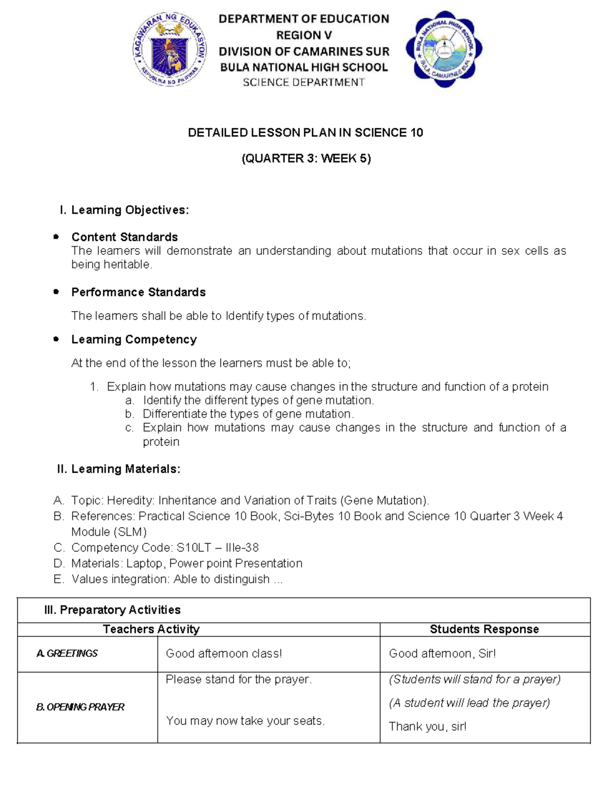 Detailed Lesson Plan for Science 10: Gene Mutations Q3 W5 - Studocu