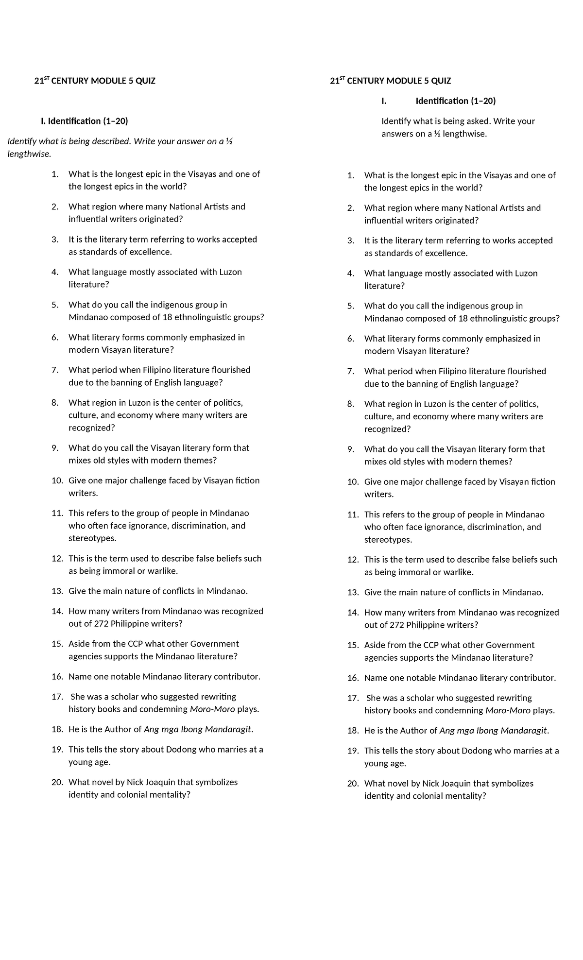 21ST Century Module 5 Quiz: Literature and Culture in the Visayas - Studocu