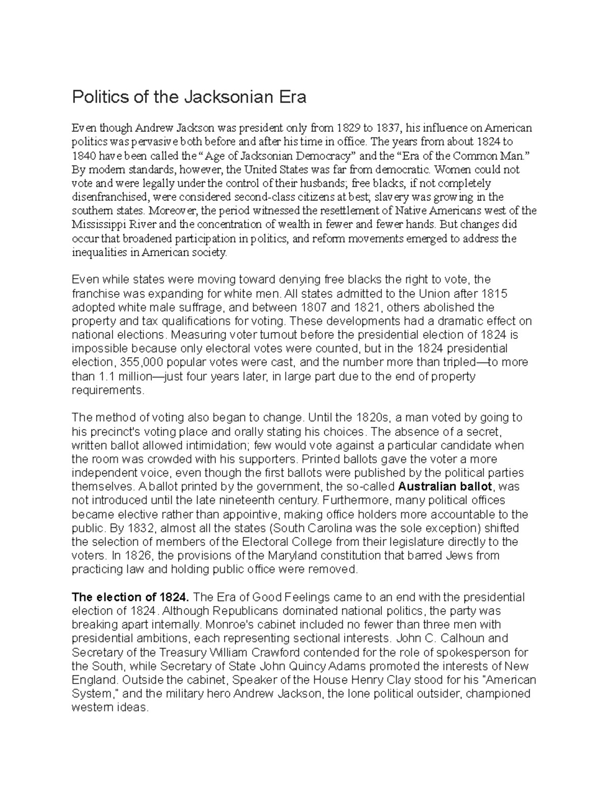 Politics of the Jacksonian Era - The years from about 1824 to 1840 have ...