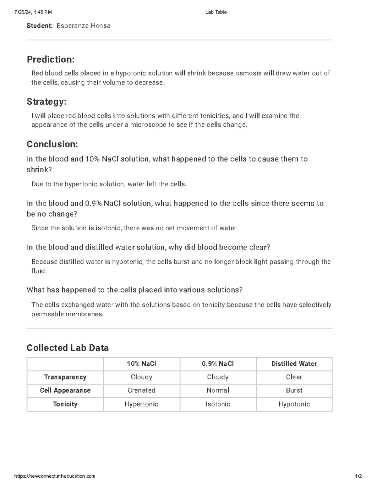 Virtual Lab: Tonicity Effects on Red Blood Cells - Osmosis Study - Studocu