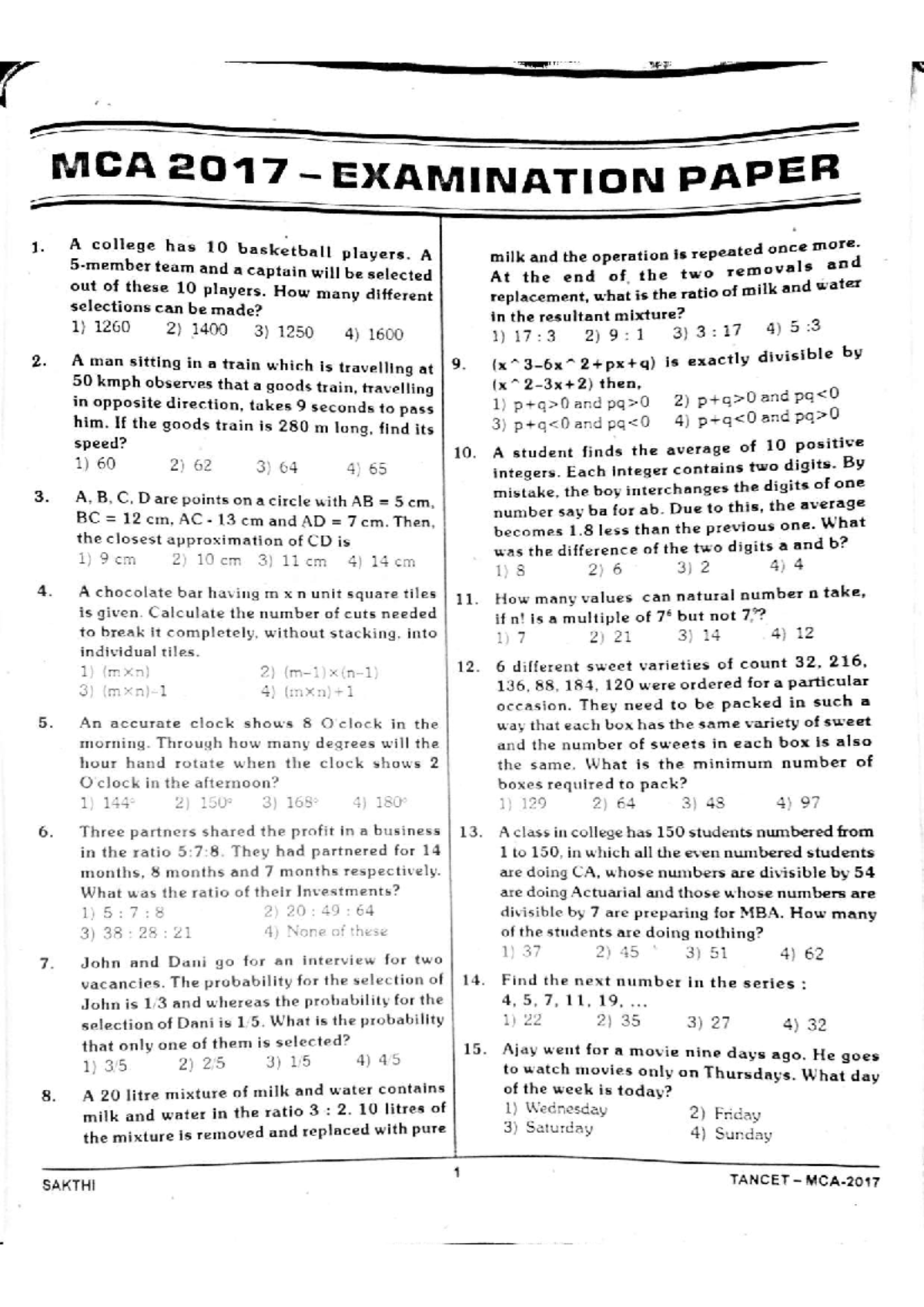 2017 - super book - MCA 2017 EXAMINATION PAPER 1. A college has 10 basketball players. A milk ...