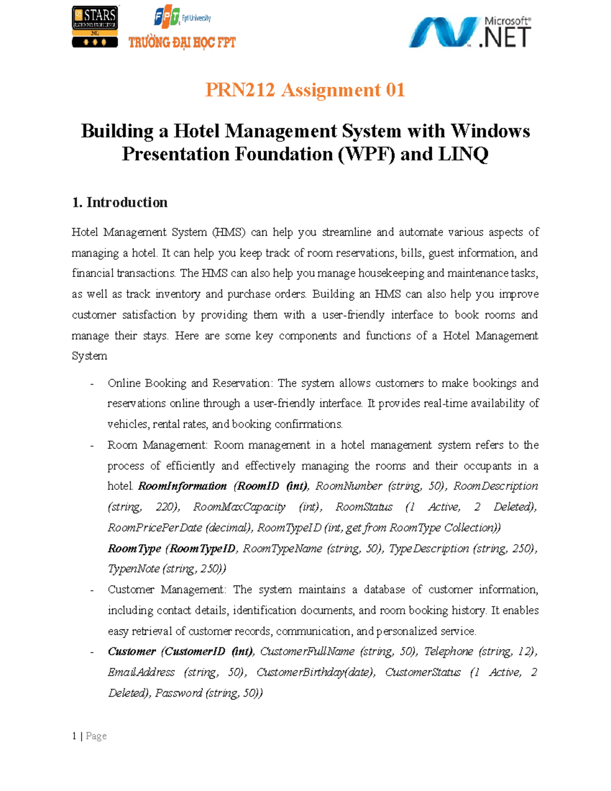 PRN212 Assignment 01: WPF & LINQ in Hotel Management System - Studocu